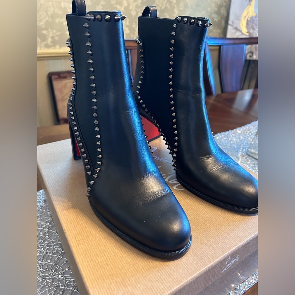 Louboutin Red Bottom Black Outline Spike Boots - Gem